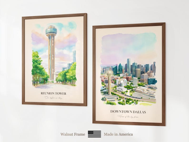 Dallas TX Watercolor Prints Gallery Wall, Colorful Dallas Painting ...