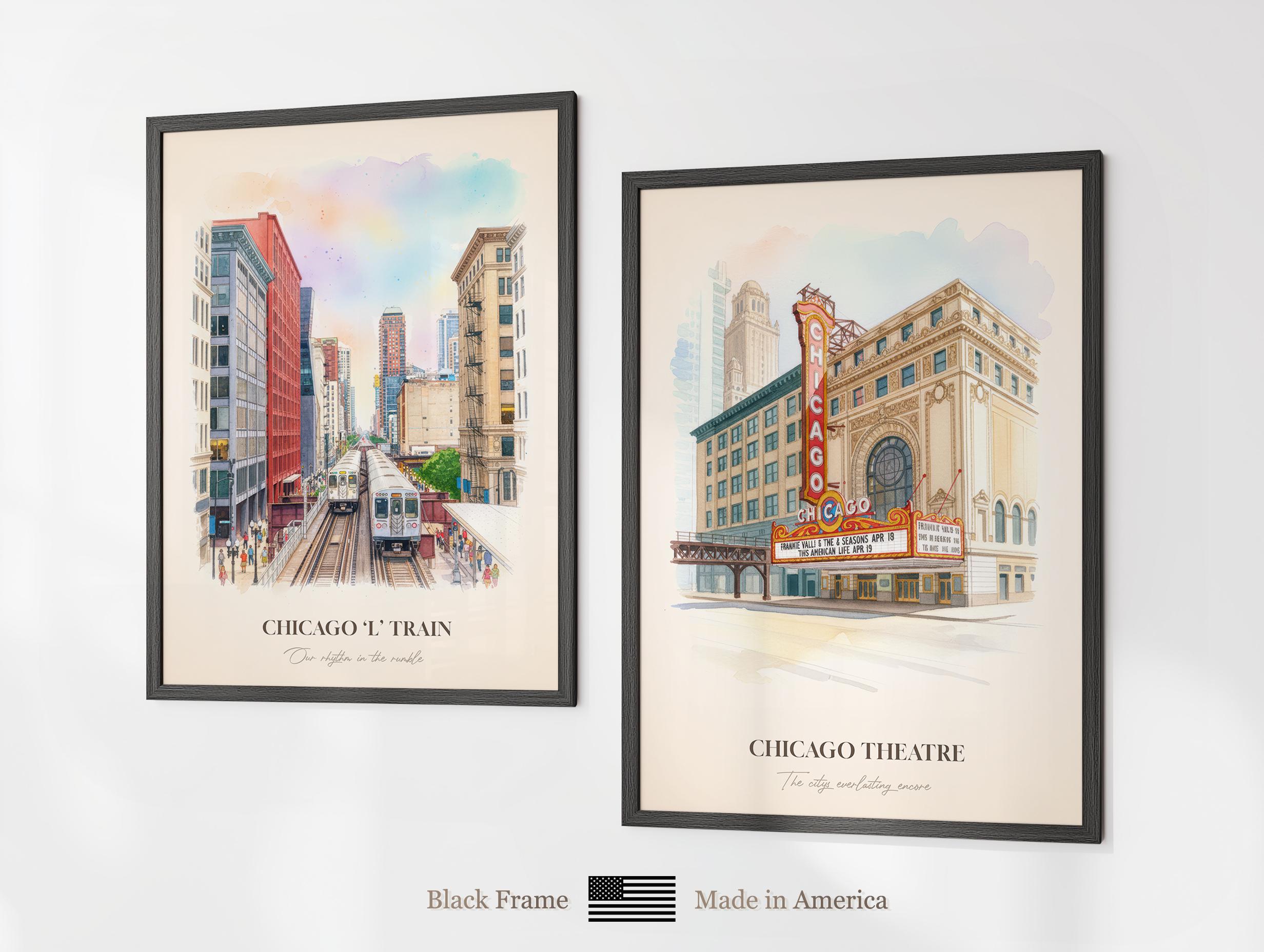 Chicago IL Watercolor Prints Gallery Wall, Colorful Chicago Painting ...