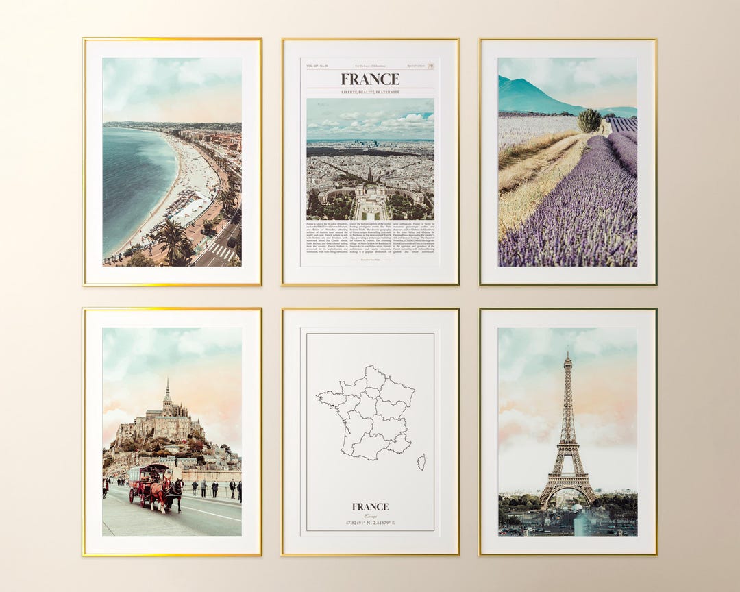 France Prints Set of 6, France Poster Photos, France Map, France Wall ...