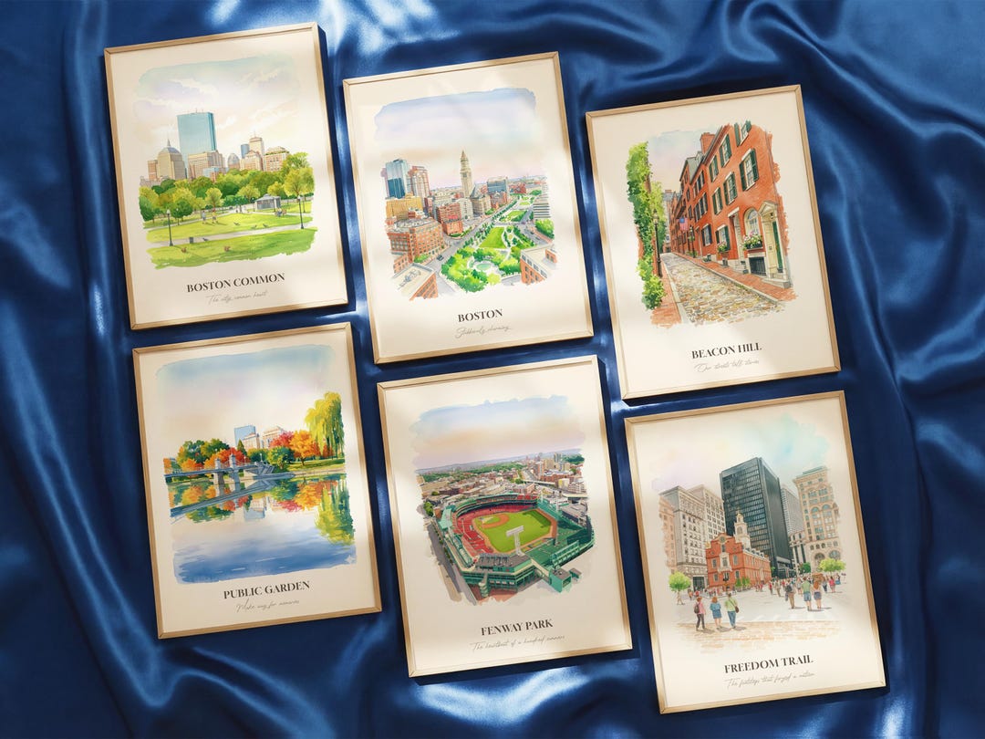 Boston MA Watercolor Prints Gallery Wall, Colorful Boston Painting ...