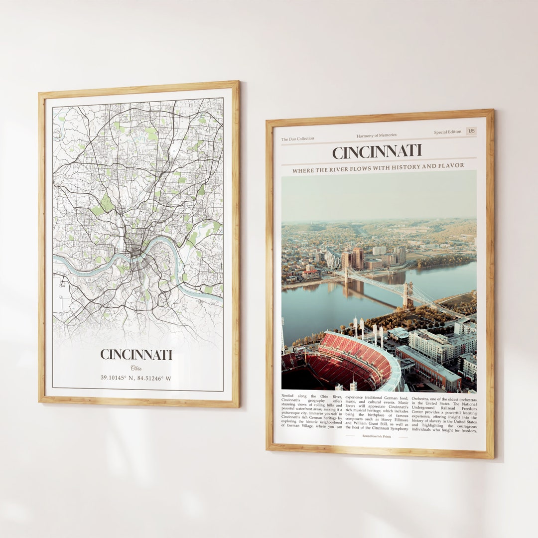 Cincinnati City Prints Set of 2, Cincinnati Map, Cincinnati Poster ...