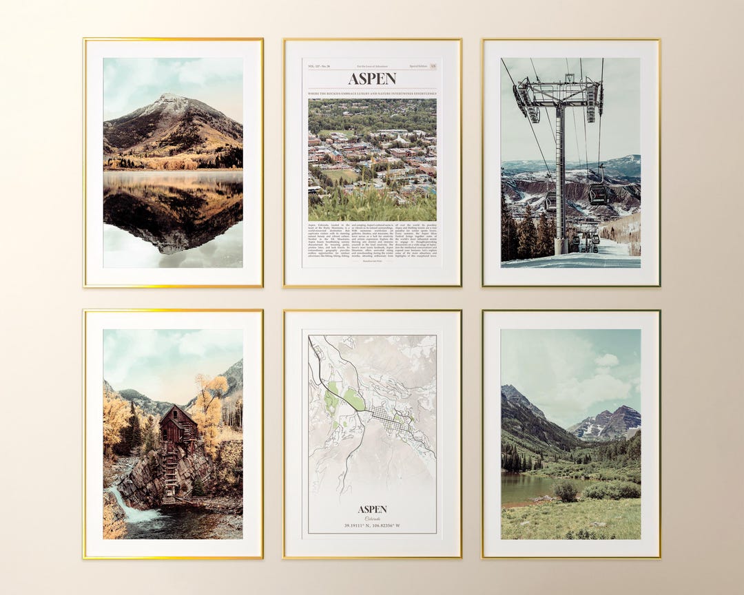 Aspen City Prints Set of 6, Aspen Poster Photos, Aspen Map, Aspen Wall ...
