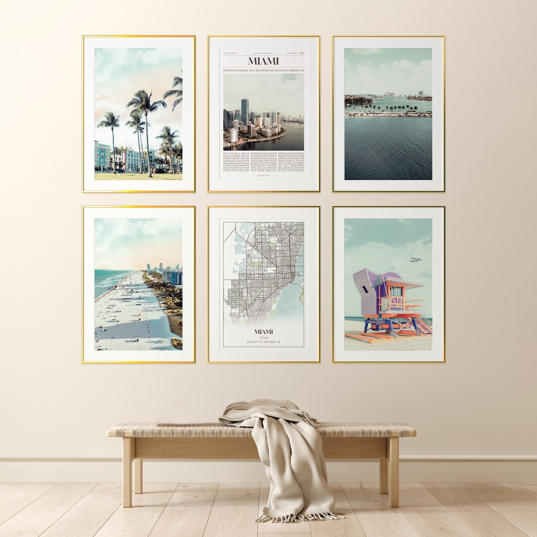 Miami City Prints Set of 6, Miami Poster Photos, Miami Map, Miami Wall ...