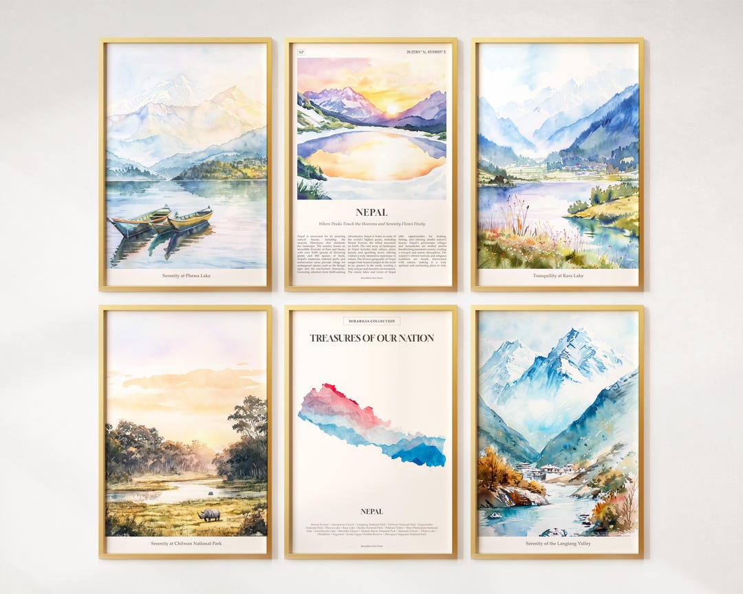 Watercolor Nepal Prints Set of 6, Colorful Nepal Posters, Nepal Wall ...