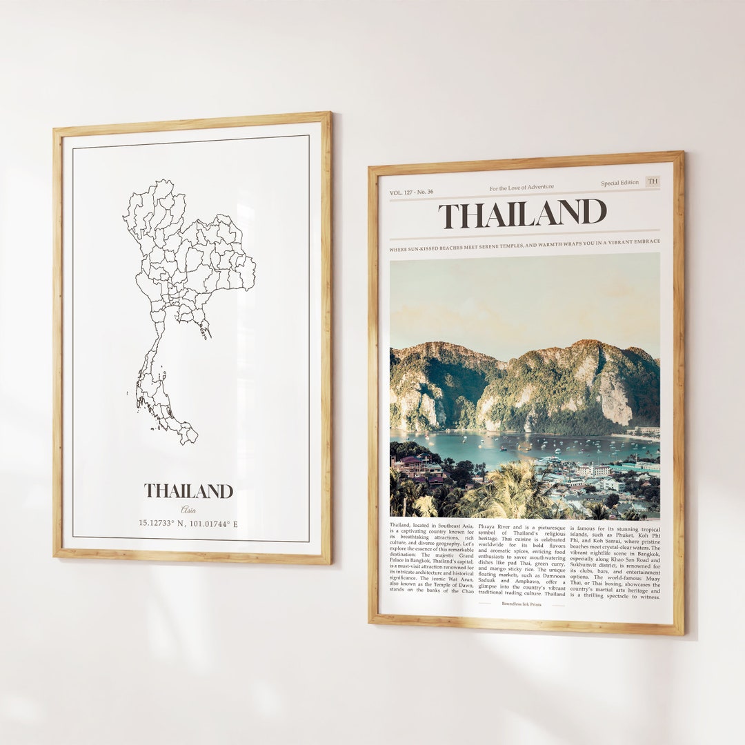 Thailand Prints Set of 2, Thailand Map, Thailand Poster Photo, Thailand ...