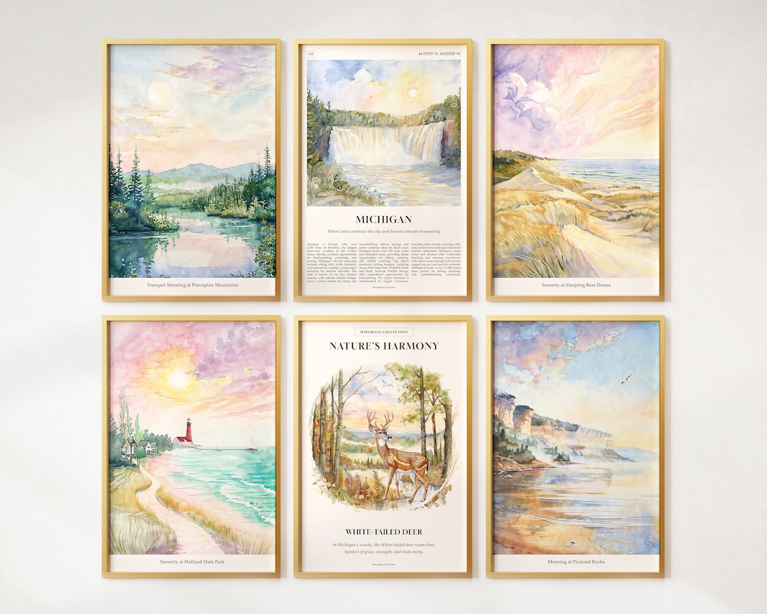 Watercolor Michigan Prints Set of 6, Colorful Michigan Posters, White ...