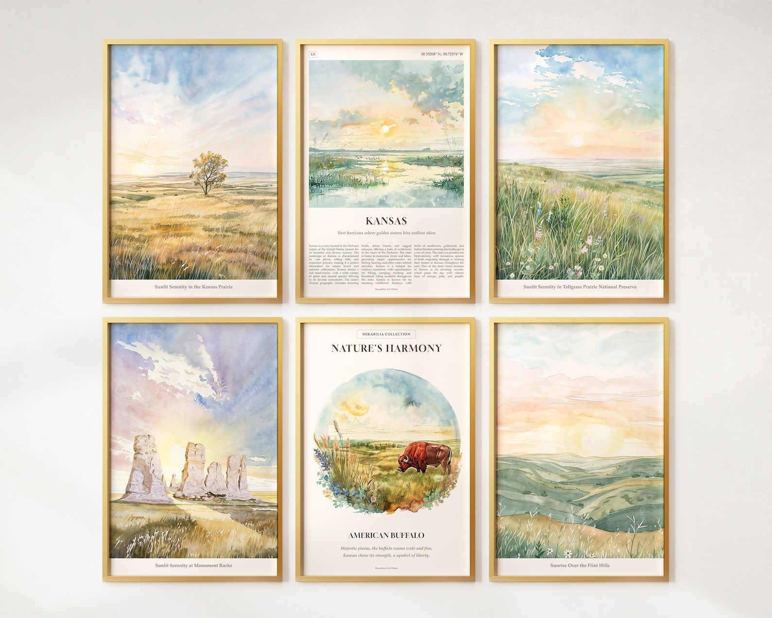 Watercolor Kansas Prints Set of 6, Colorful Kansas Posters, Kansas Wall ...