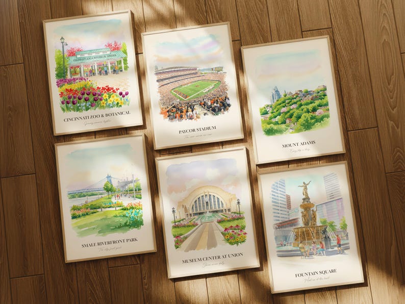 Cincinnati OH Watercolor Prints Gallery Wall, Colorful Cincinnati ...