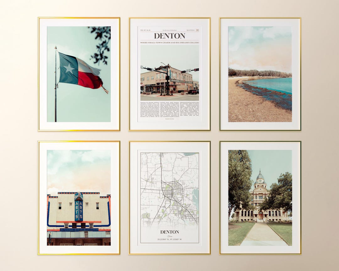 Denton Prints Set of 6, Denton Poster Photos, Denton Map, Denton Wall ...