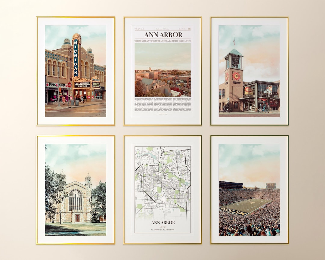 Ann Arbor City Prints Set of 6, Ann Arbor Poster Photos, Ann Arbor Map ...