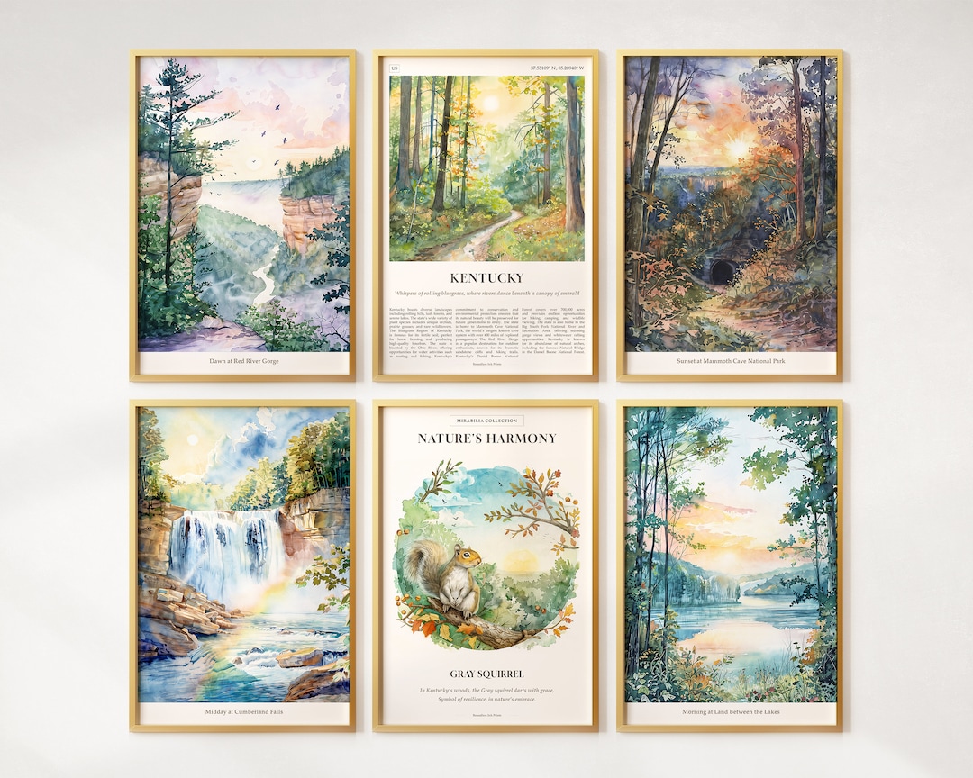 Watercolor Kentucky Prints Set of 6, Colorful Kentucky Posters, Gray ...