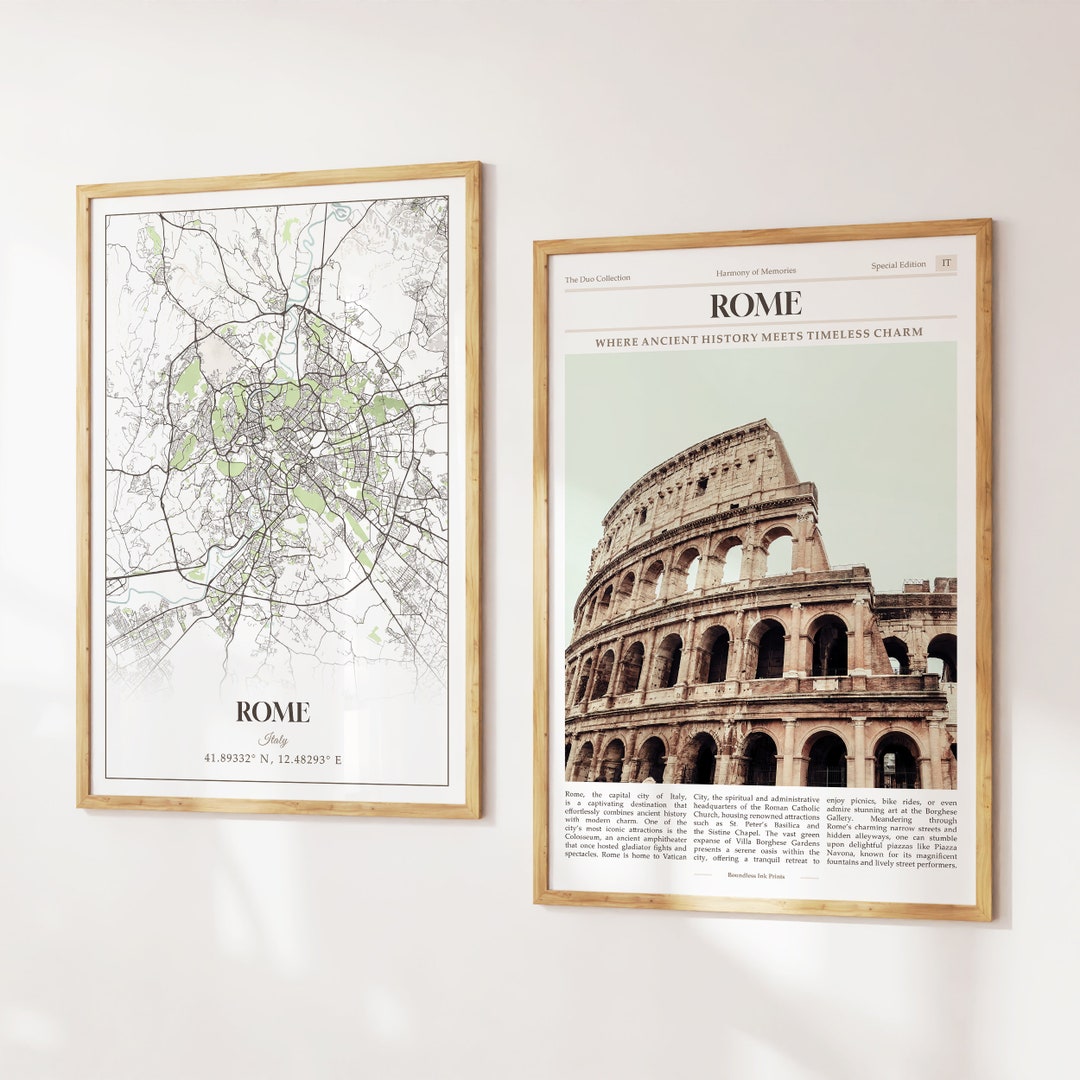 Rome City Prints Set of 2, Rome Map, Rome Poster Photo, Rome Wall Art ...