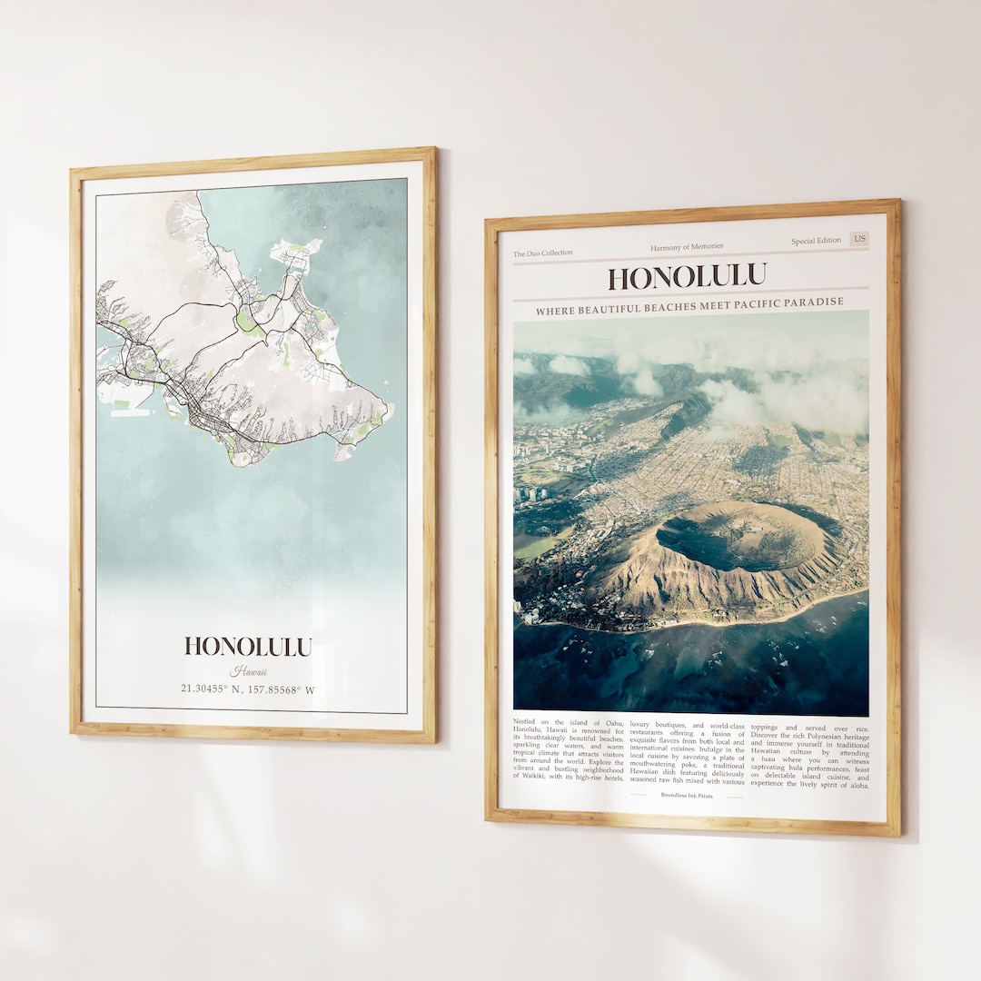 Honolulu City Prints Set of 2, Honolulu Map, Honolulu Poster Photo ...