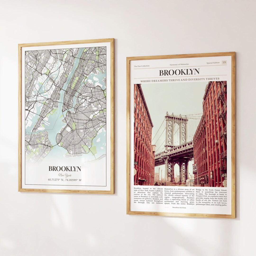 Brooklyn City Prints Set of 2, Brooklyn Map, Brooklyn Poster Photo ...