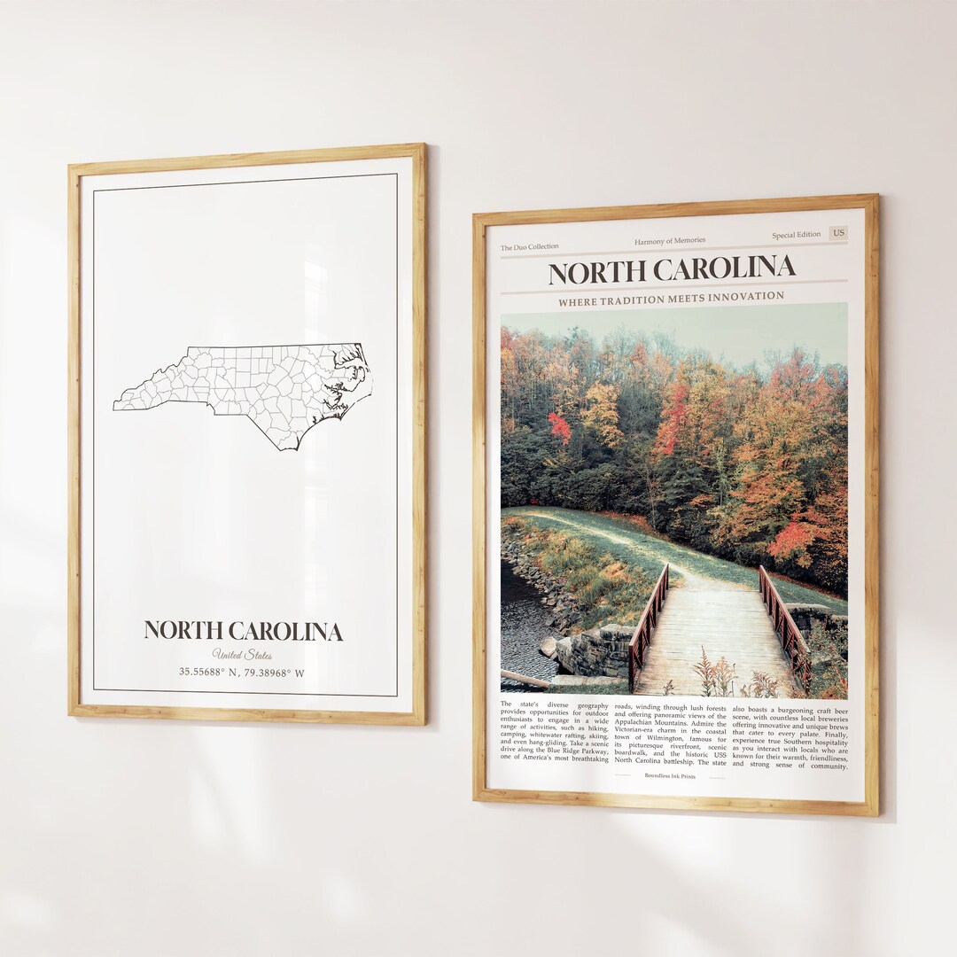 North Carolina State Prints Set of 2, North Carolina Map, North ...