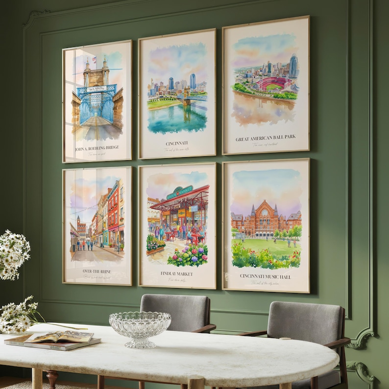 Cincinnati OH Watercolor Prints Gallery Wall, Colorful Cincinnati ...