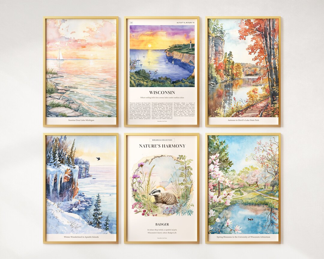 Watercolor Wisconsin Prints Set of 6, Colorful Wisconsin Posters ...