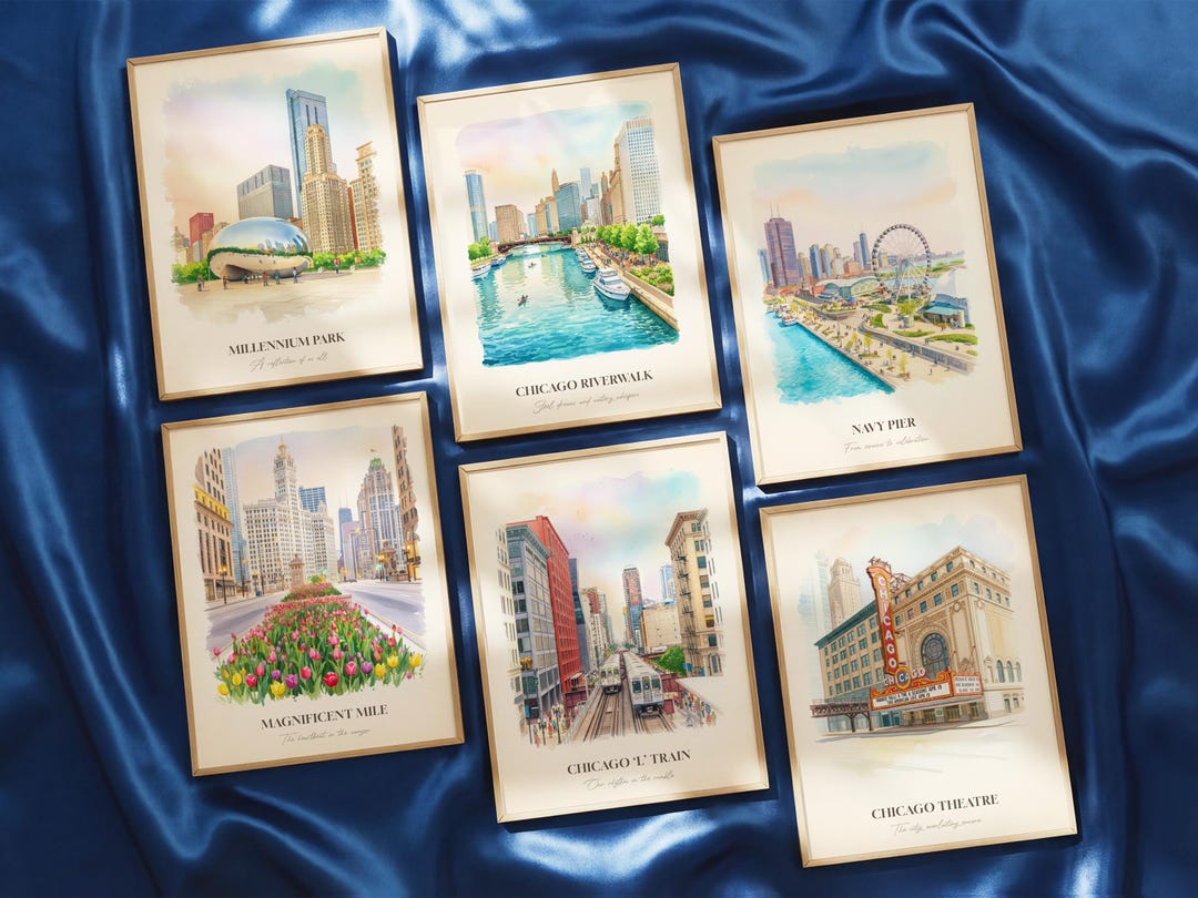 Chicago IL Watercolor Prints Gallery Wall, Colorful Chicago Painting ...