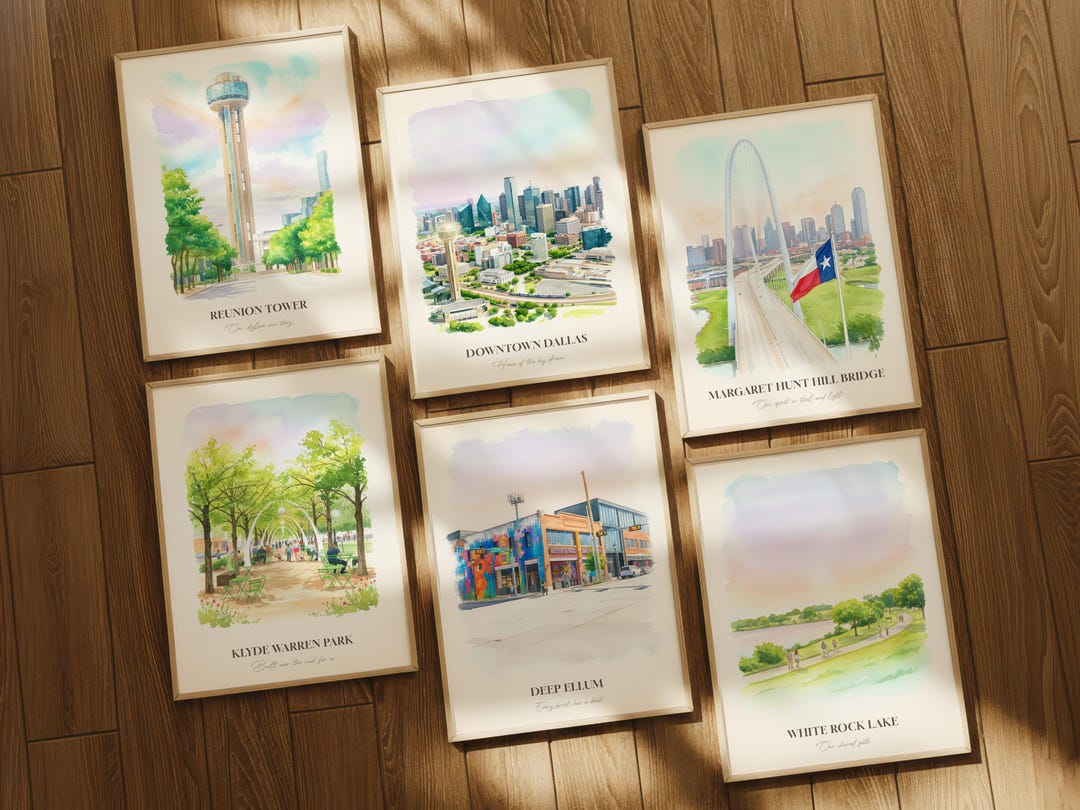 Dallas TX Watercolor Prints Gallery Wall, Colorful Dallas Painting ...