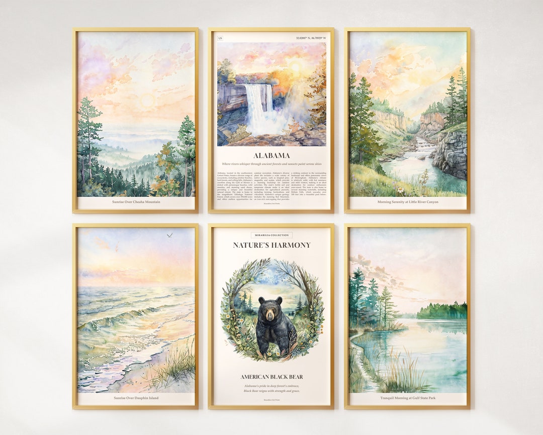 Watercolor Alabama Prints Set of 6, Colorful Alabama Posters, American ...