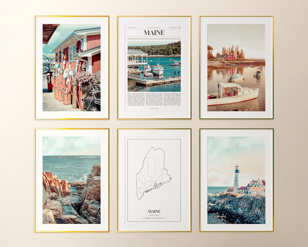 Maine State Prints Set of 6, Maine Poster Photos, Maine Map, Maine Wall ...