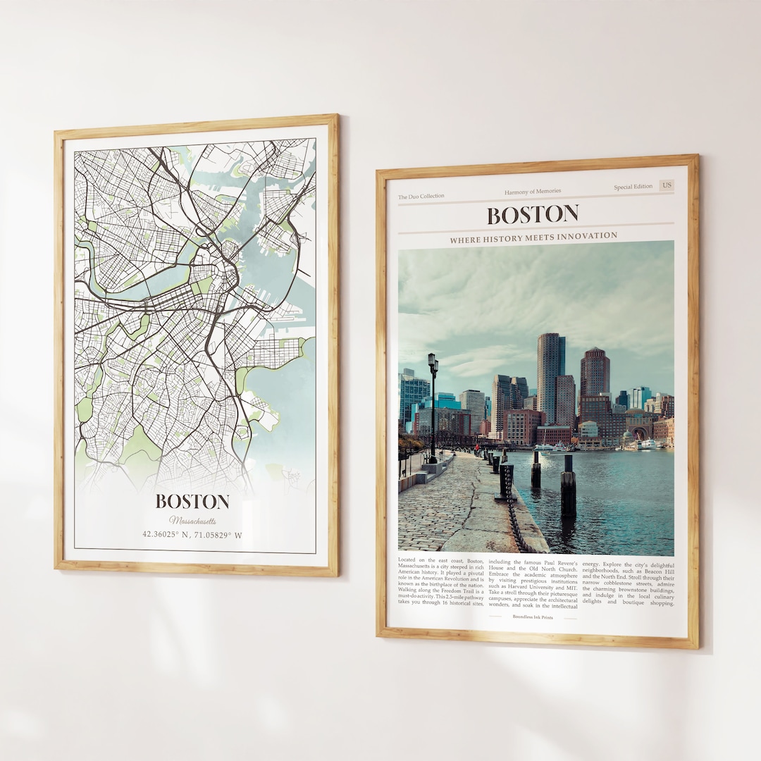 Boston City Prints Set of 2, Boston Map, Boston Poster Photo, Boston ...