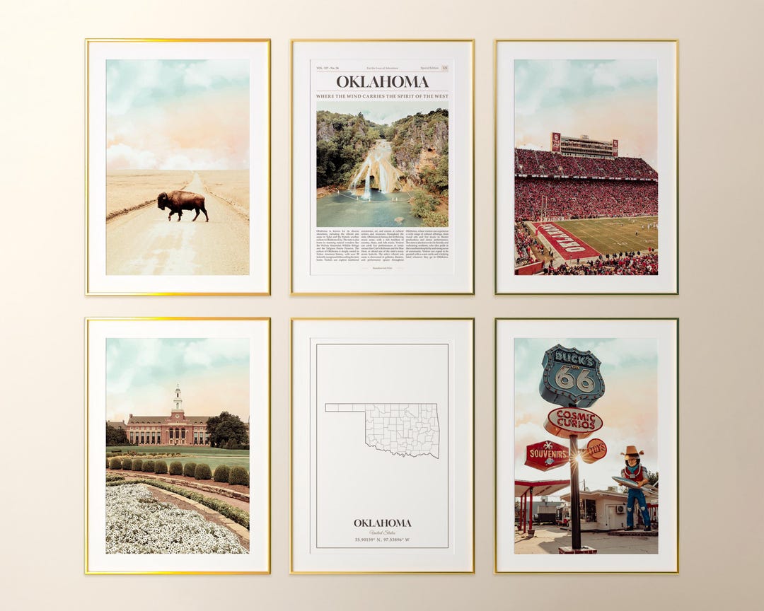 Oklahoma State Prints Set of 6, Oklahoma Poster Photos, Oklahoma Map ...