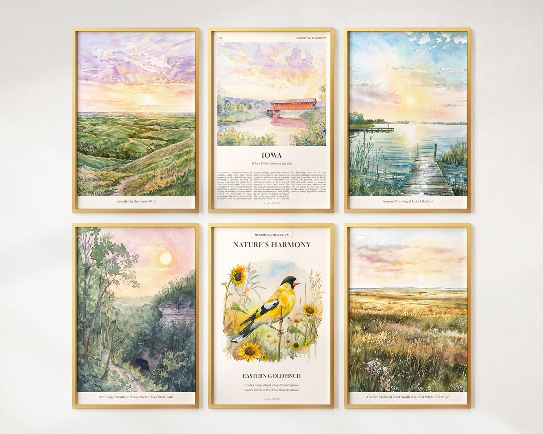 Watercolor Iowa Prints Set of 6, Colorful Iowa Posters, Iowa Wall Art ...