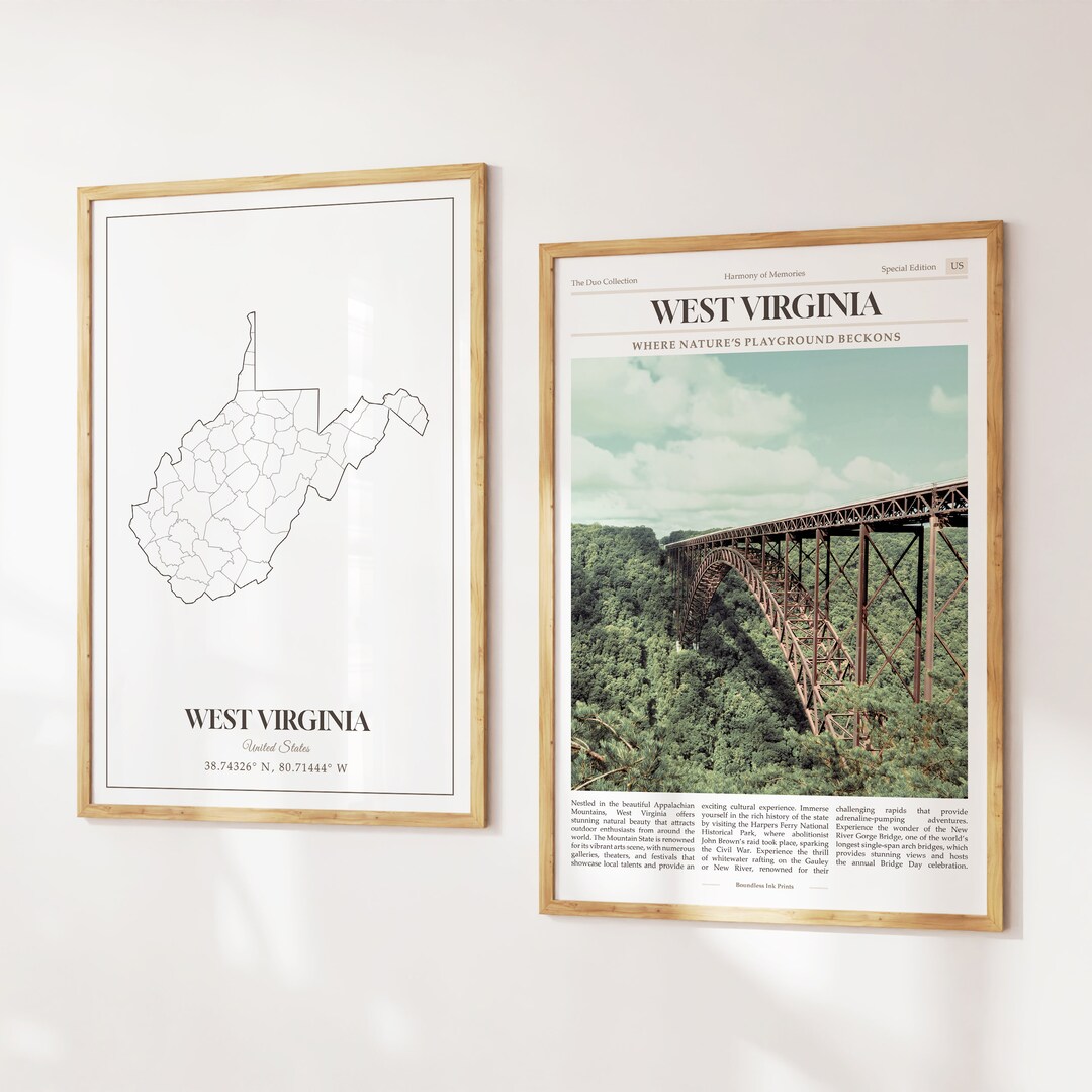West Virginia State Prints Set of 2, West Virginia Map, West Virginia ...