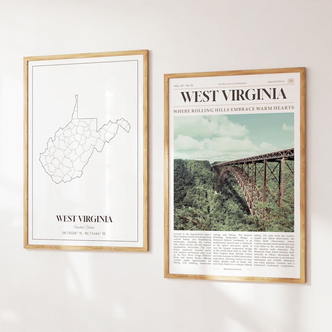 West Virginia State Prints Set of 2, West Virginia Map, West Virginia ...
