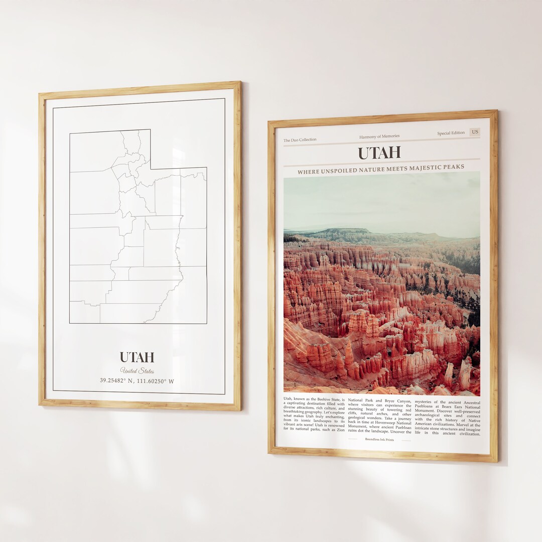 Utah State Prints Set of 2, Utah Map, Utah Poster Photo, Utah Wall Art ...