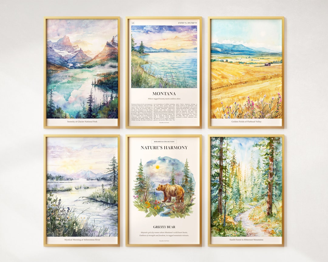 Watercolor Montana Prints Set of 6, Colorful Montana Posters, Grizzly ...