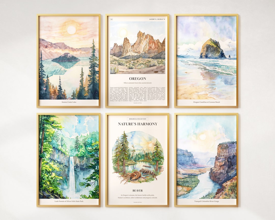 Watercolor Oregon Prints Set of 6, Colorful Oregon Posters, Beaver ...