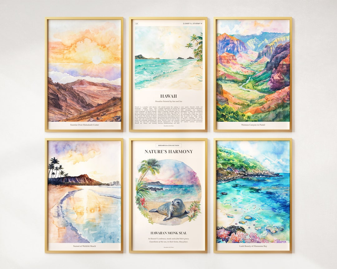 Watercolor Hawaii Prints Set of 6, Colorful Hawaii Posters, Hawaiian ...