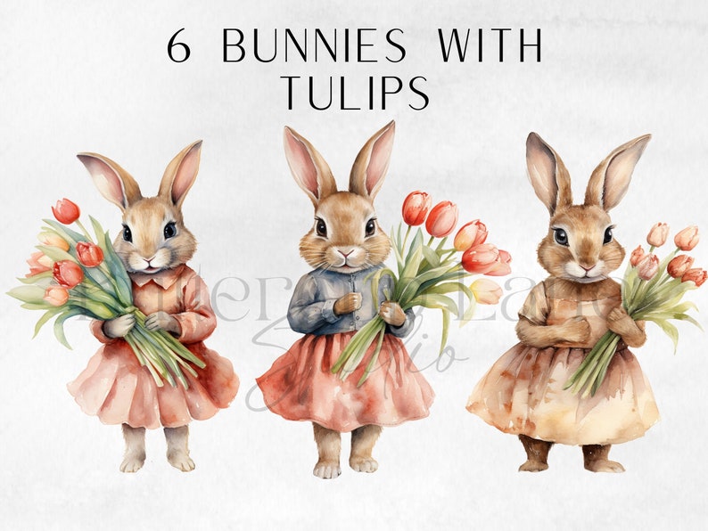 Watercolor Bunnies With Tulips Clipart Pack, Clipart for Commercial Use ...