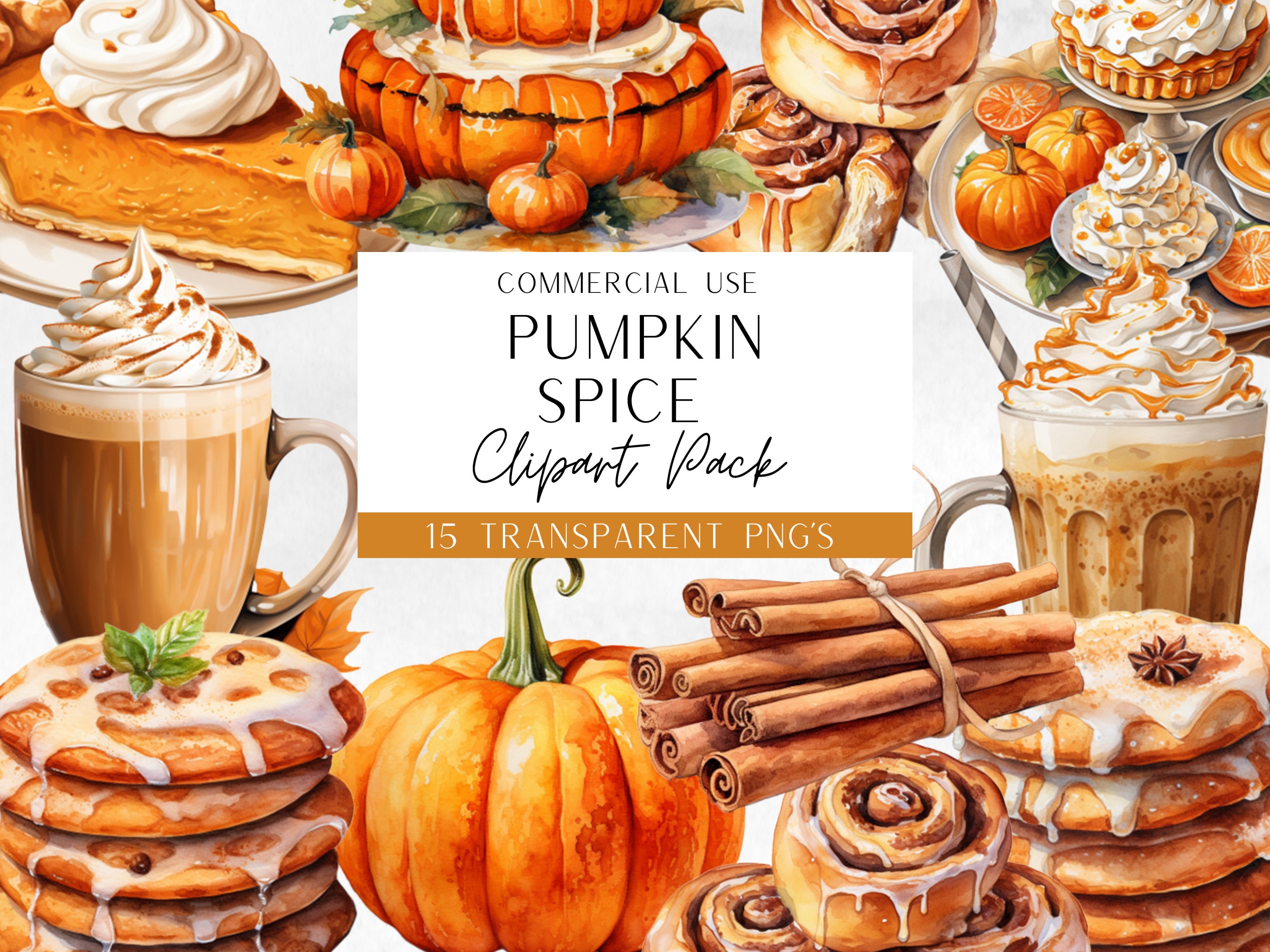 Watercolor Pumpkin Spice Clipart, Fall PNG, Autumn PNG, Fall Holiday ...