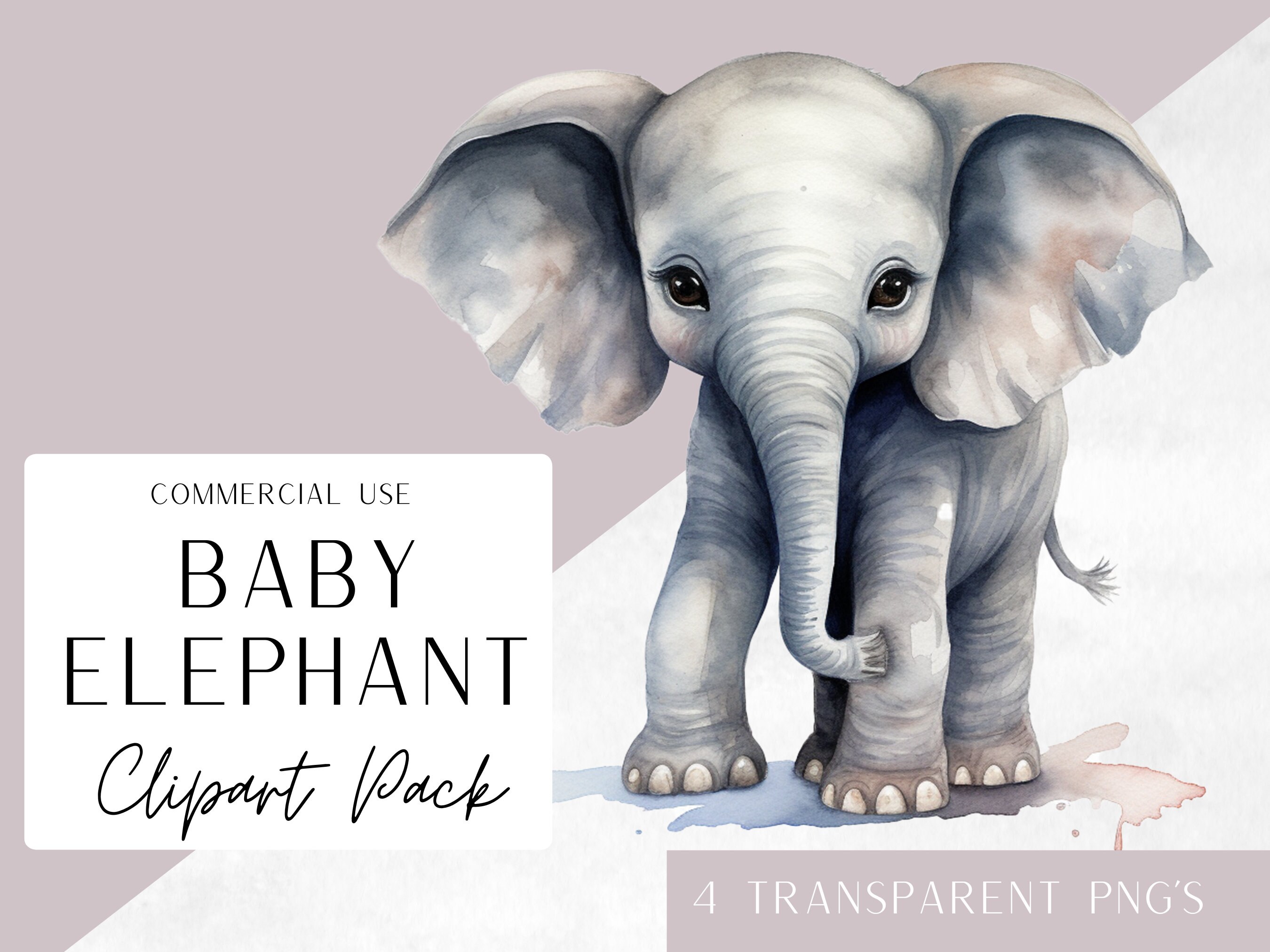 Baby Elephant Watercolor Clipart, Cute Clip Art for Commercial Use ...