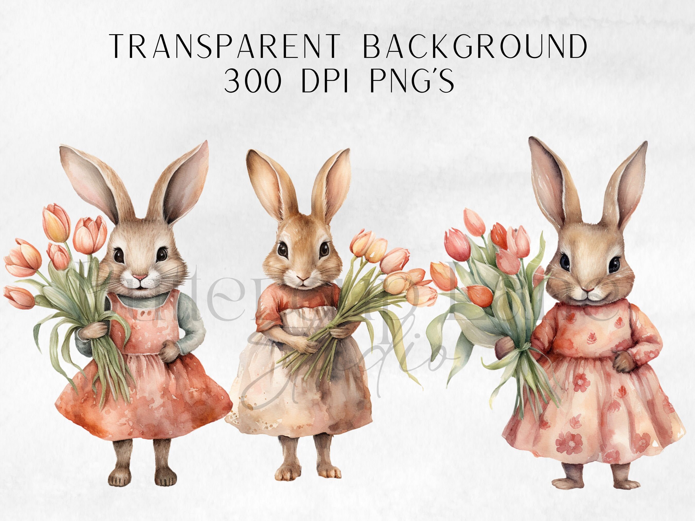 Watercolor Bunnies With Tulips Clipart Pack, Clipart for Commercial Use ...
