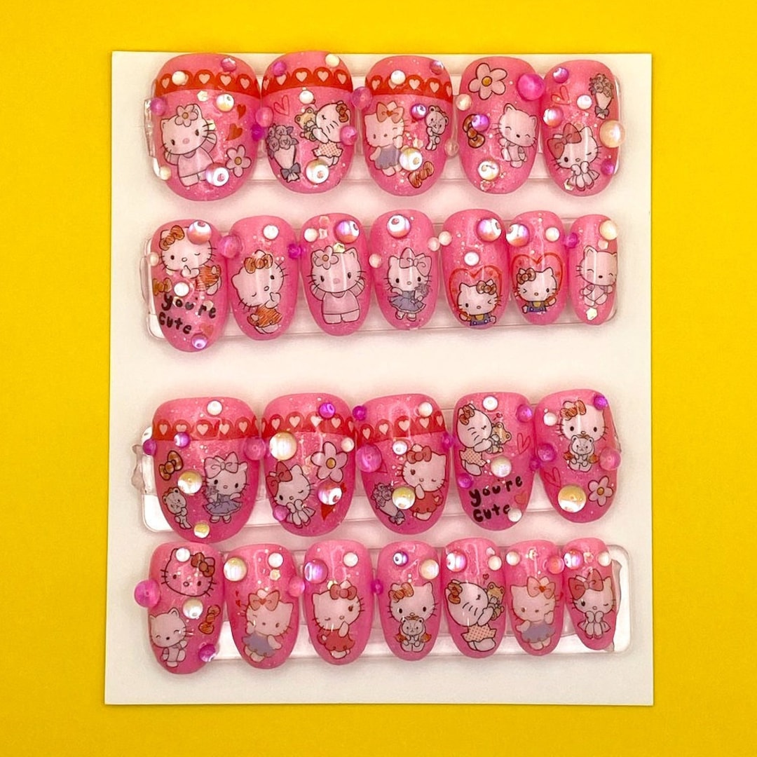 Hello Kitty Pink Glitter Short Oval Press on Nail Set - Etsy