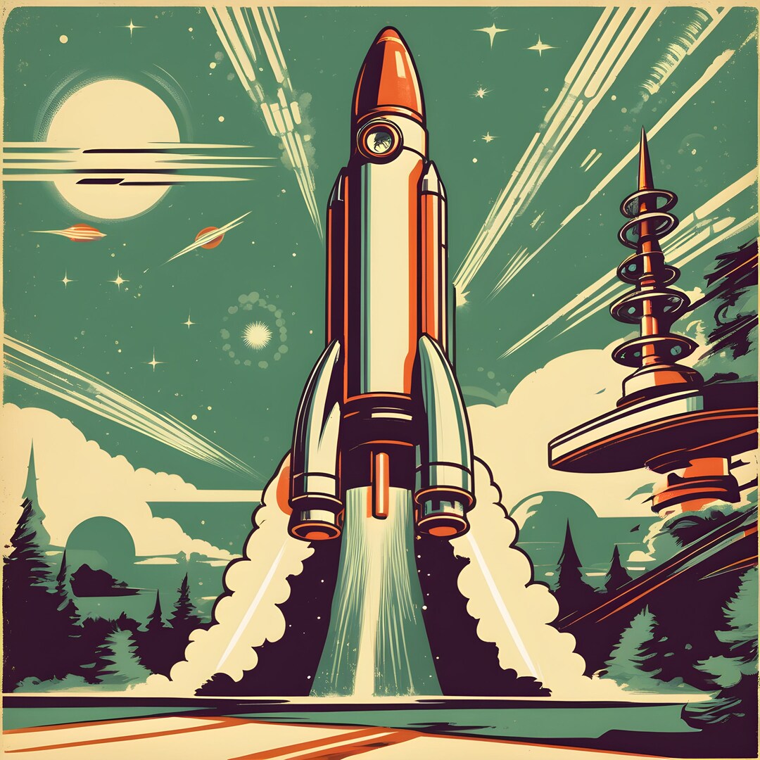 1950s Inspired Vintage Sci-fi Outer Space Rocket Moon Scene - Etsy