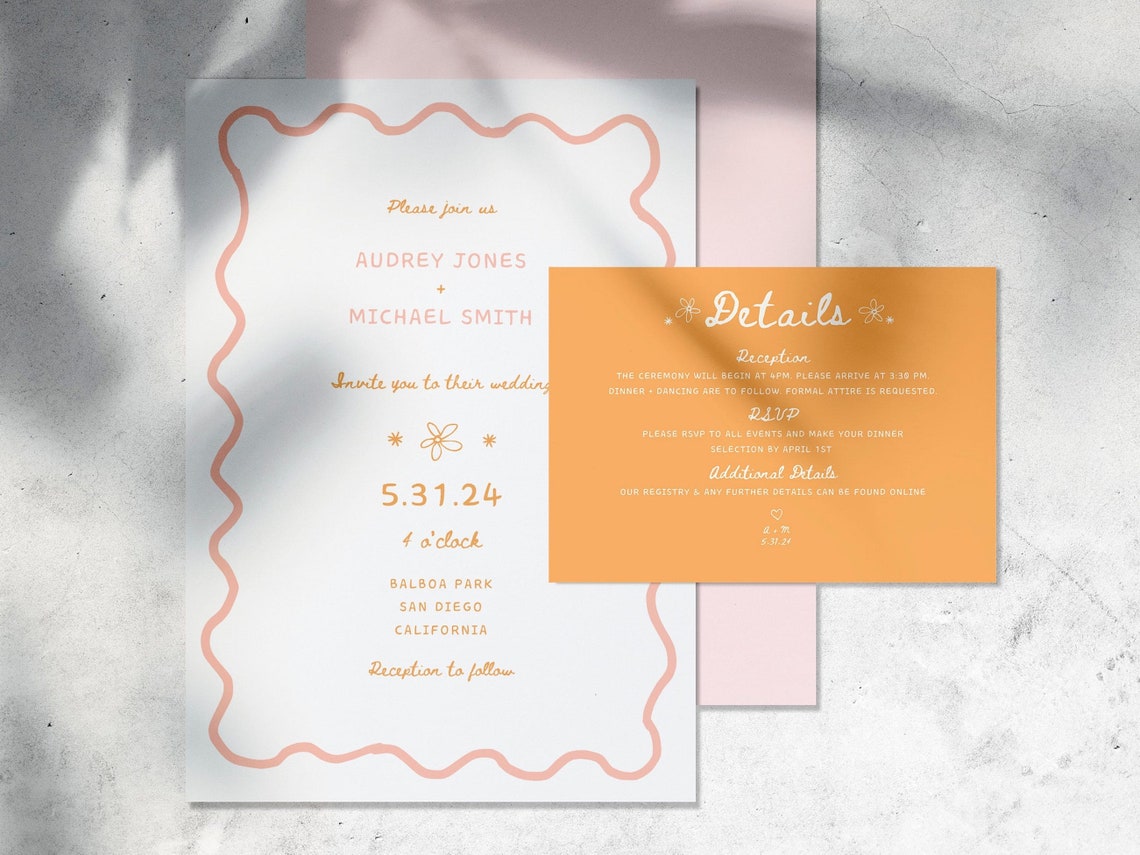 Hand Drawn Wedding Invitation Template Wavy Wedding - Etsy