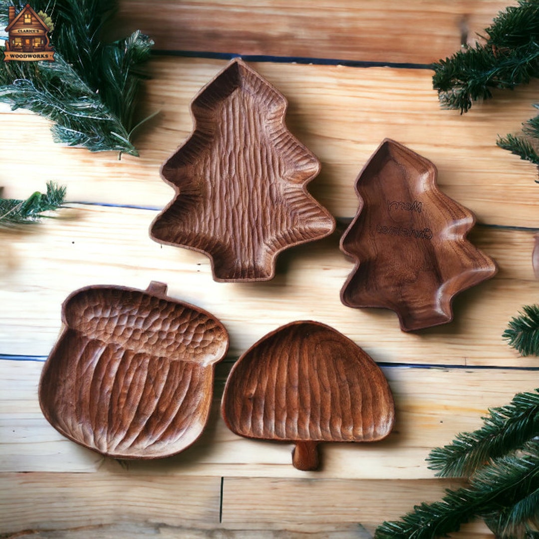 Rustic Wooden Christmas Trays, Handcarved Wood Pinetree Plate,christmas ...