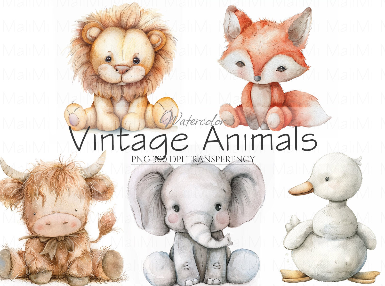 Animals Clipart 16 PNG, Watercolor Nursery Animal Bundle, Baby Shower ...