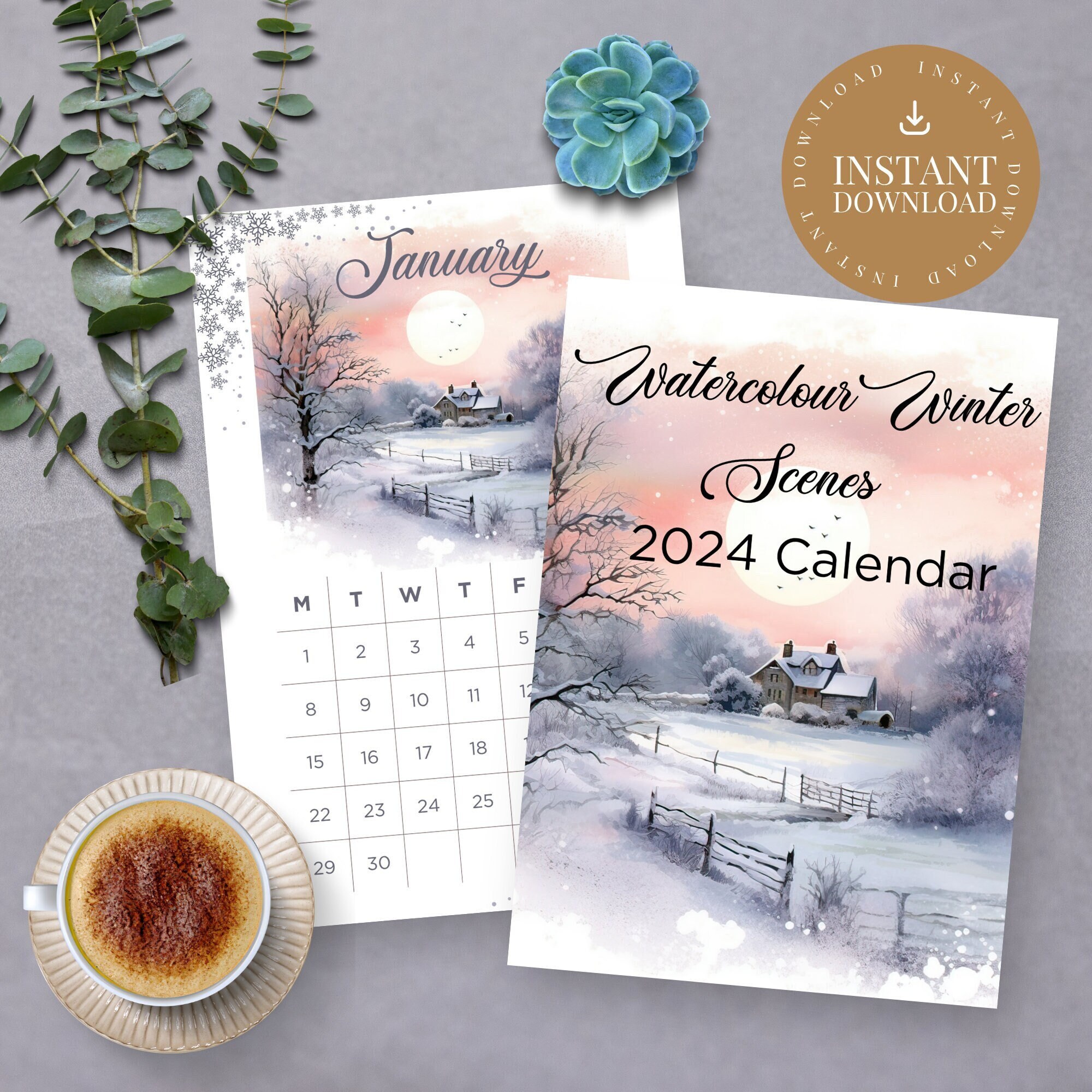 Watercolour Winter Scenes 2024 Printable Calendar Template INSTANT ...