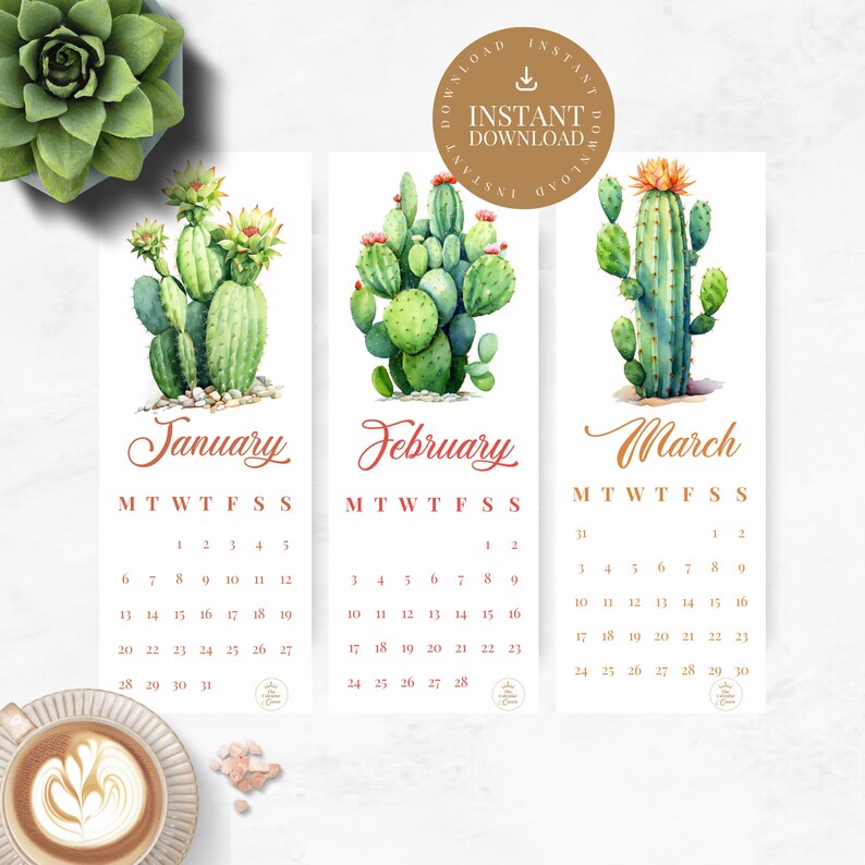 2025 Watercolour Cacti Printable Bookmark Calendar INSTANT DOWNLOAD Monday Start, 2.5 by 6 Inch ...