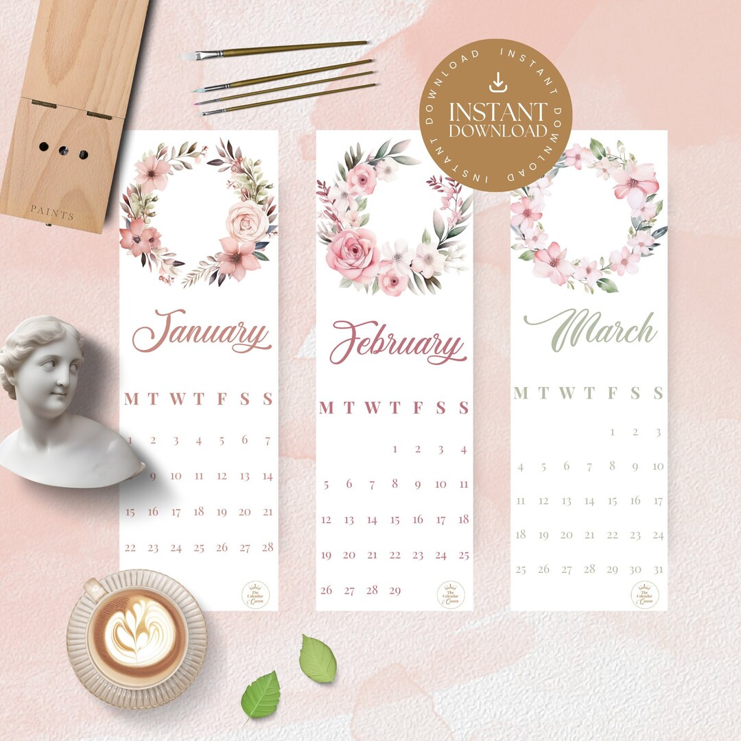 Watercolour Pink Wreaths 2024 Printable Bookmark Calendar INSTANT ...