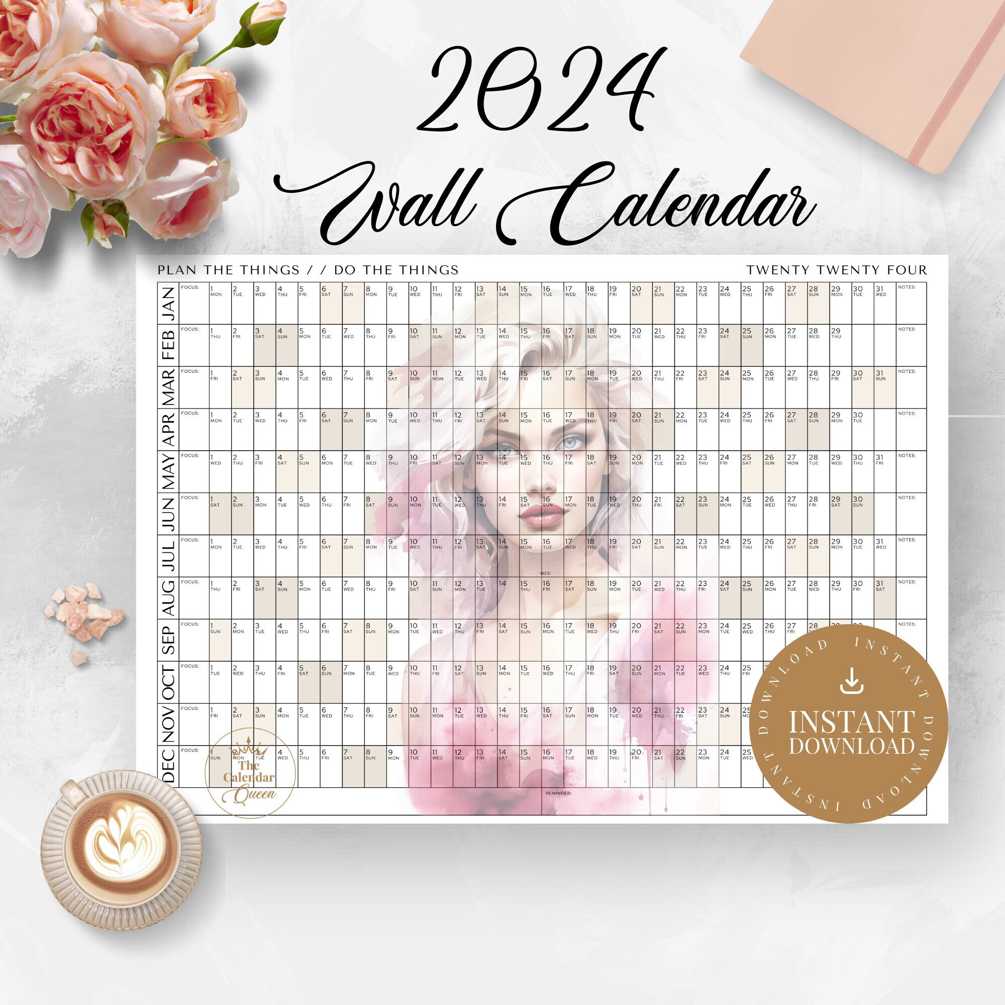 Watercolour Fashion 2024 Printable Wall Calendar Template INSTANT ...