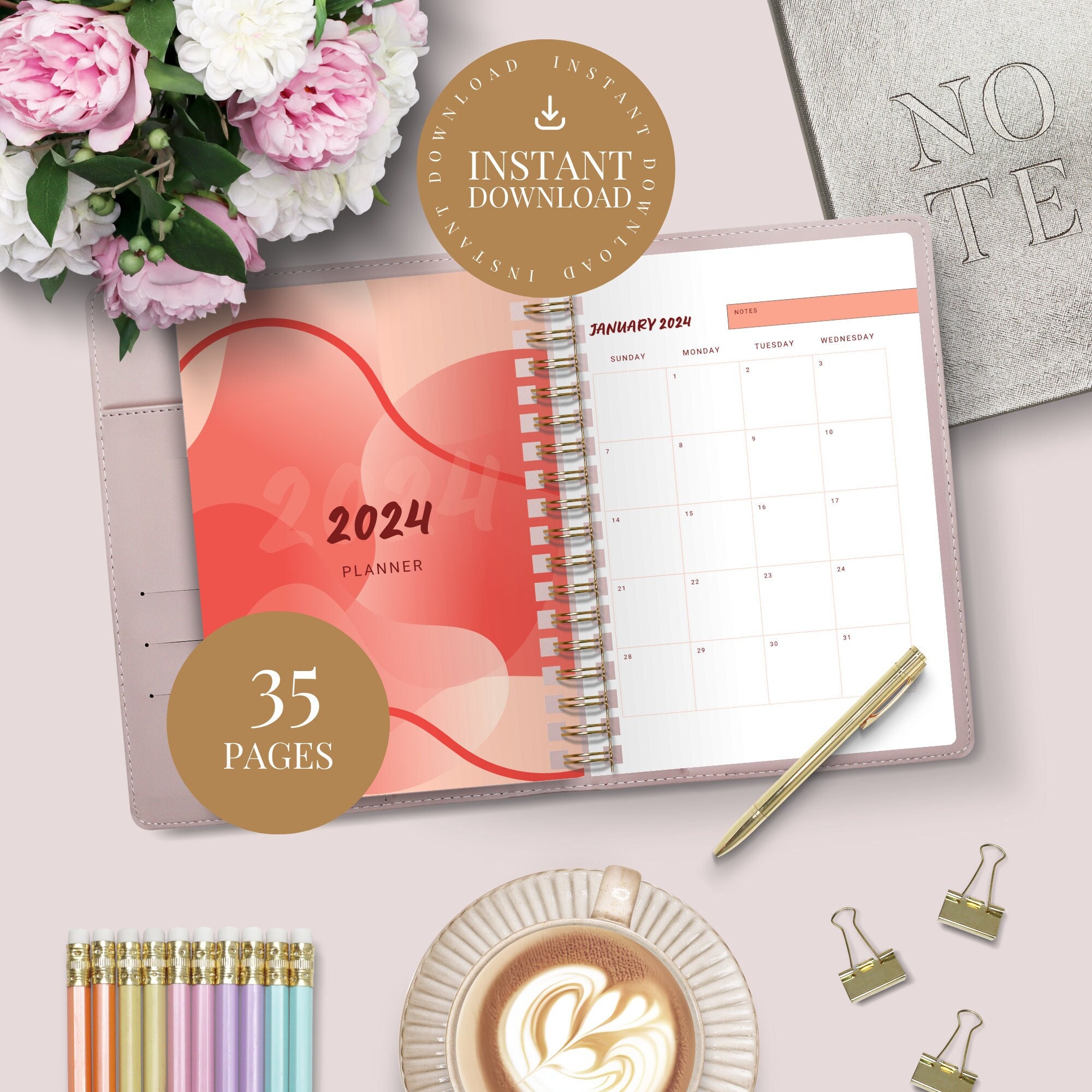 Pastel Red 2024 Printable Planner Template INSTANT DOWNLOAD Sunday ...