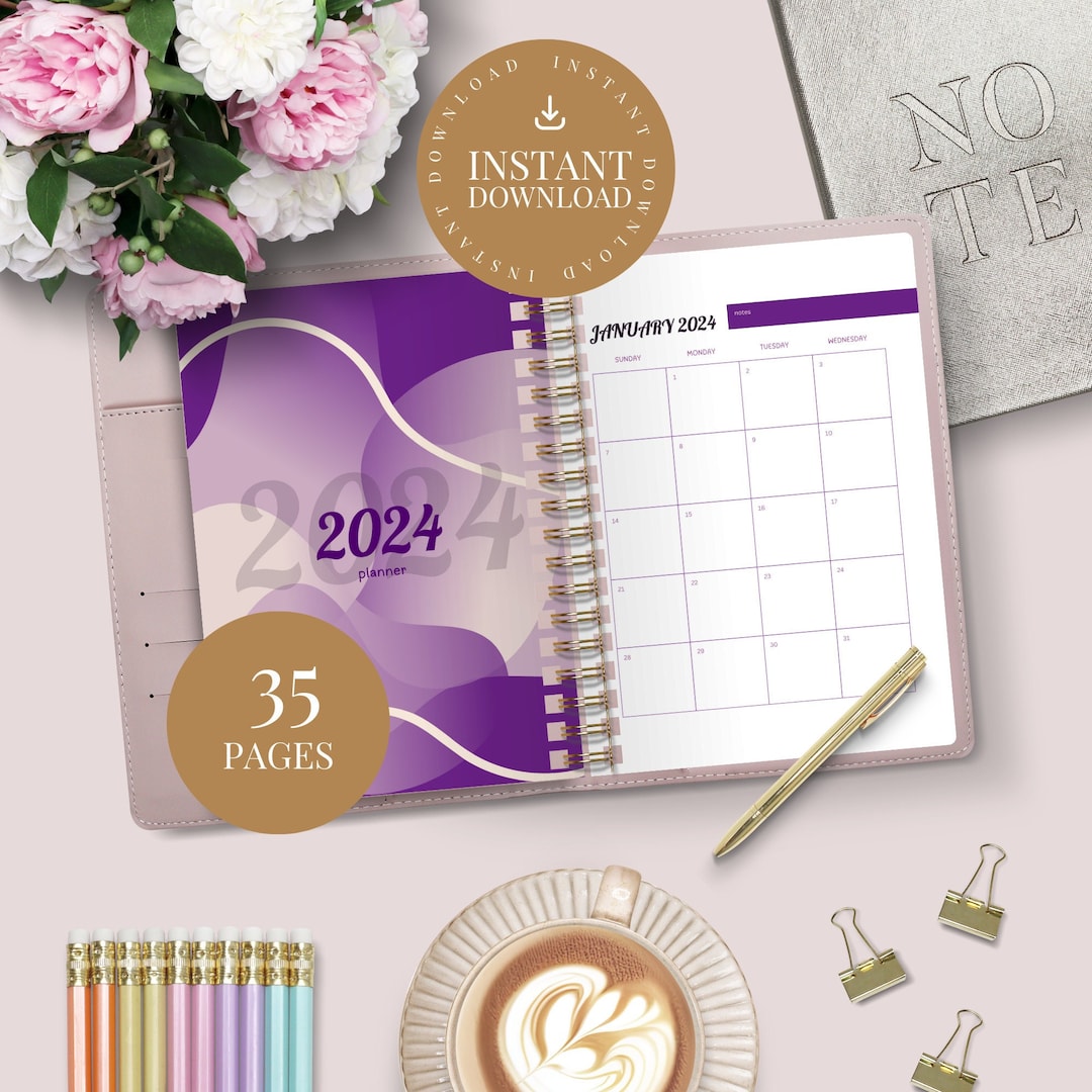 Purple 2024 Printable Planner Template INSTANT DOWNLOAD Sunday Start ...