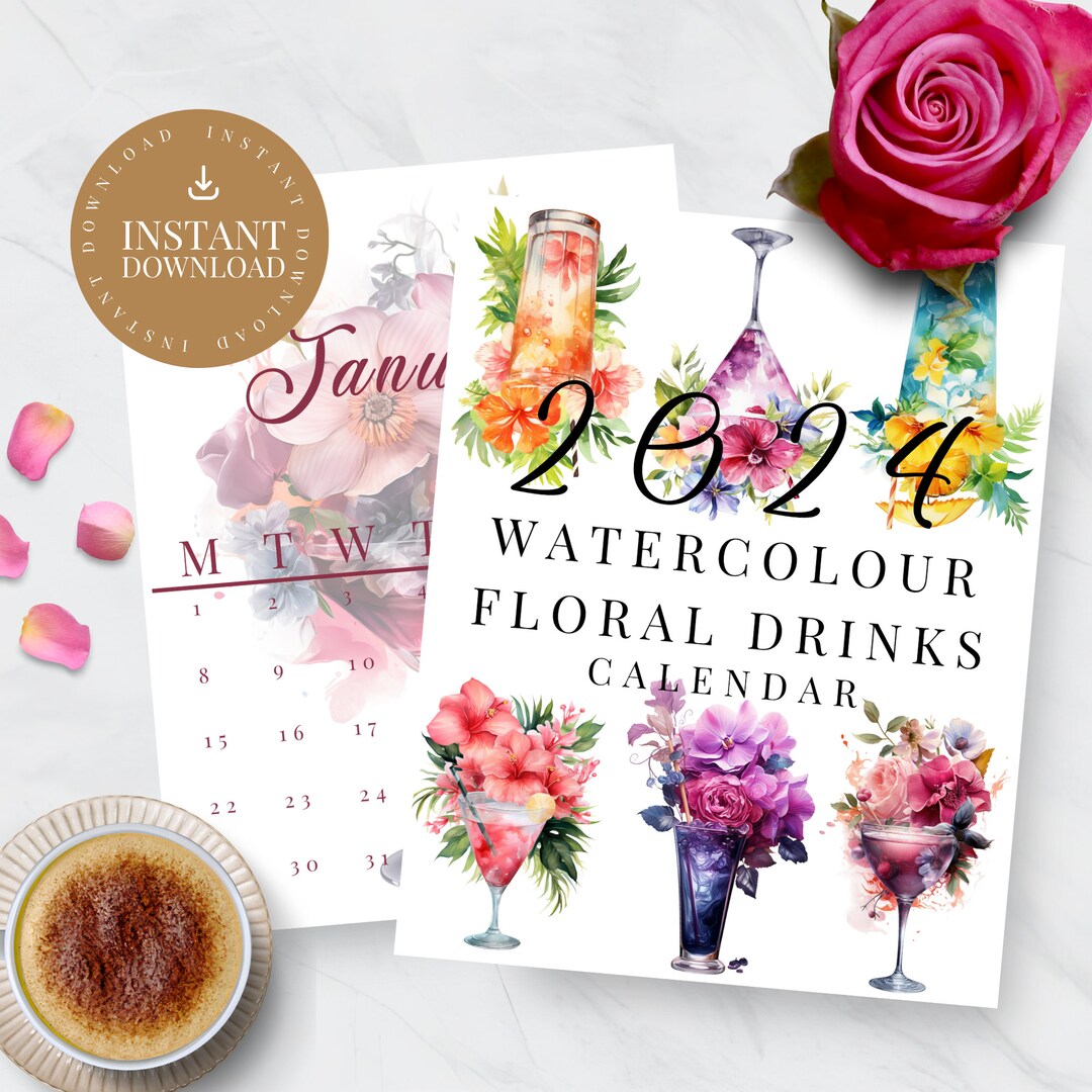 Watercolour Floral Drinks 2024 Printable Calendar Template - Etsy